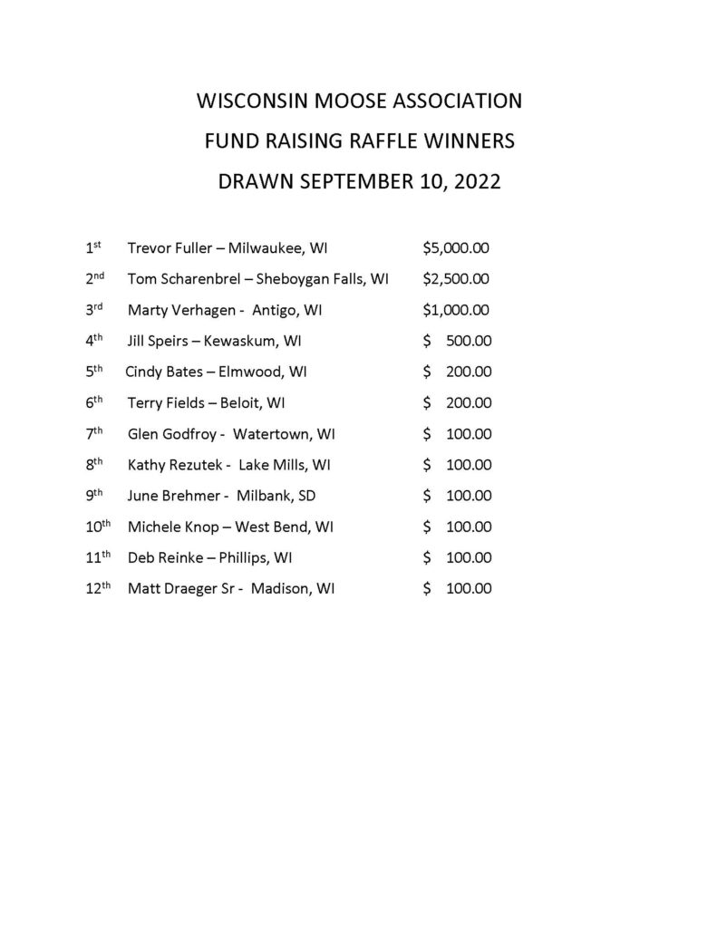 2022 WMA Raffle Winners – Wisconsin Moose Association